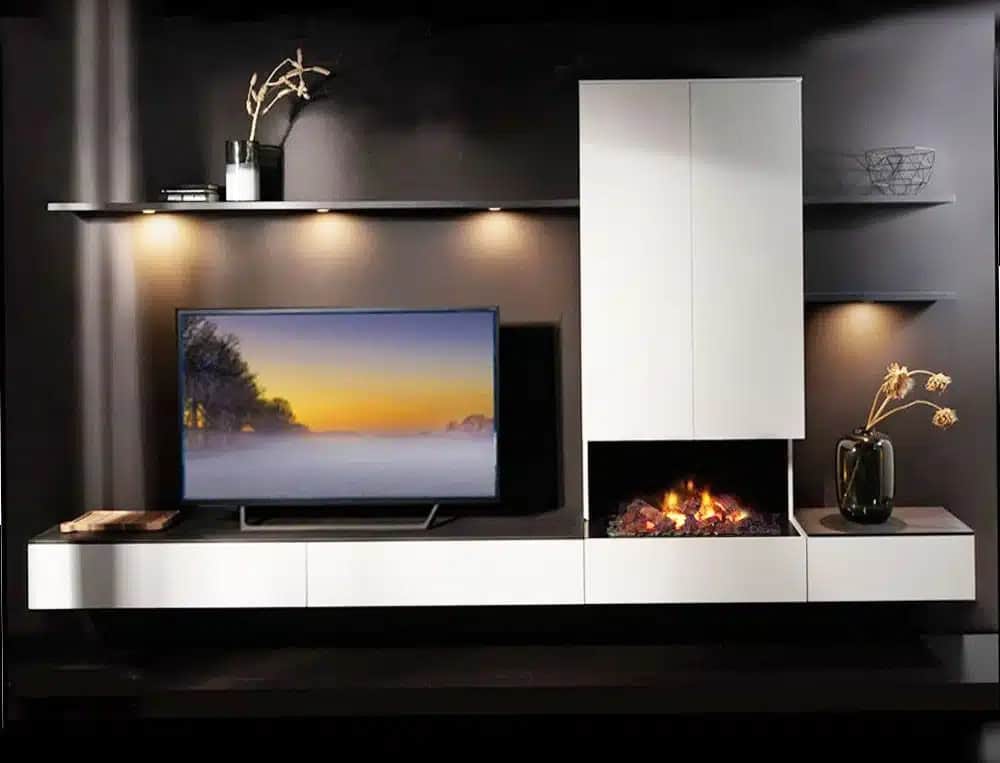 Wandmeubel met driezijdige haard - sfeerhaardendiscounter.nl